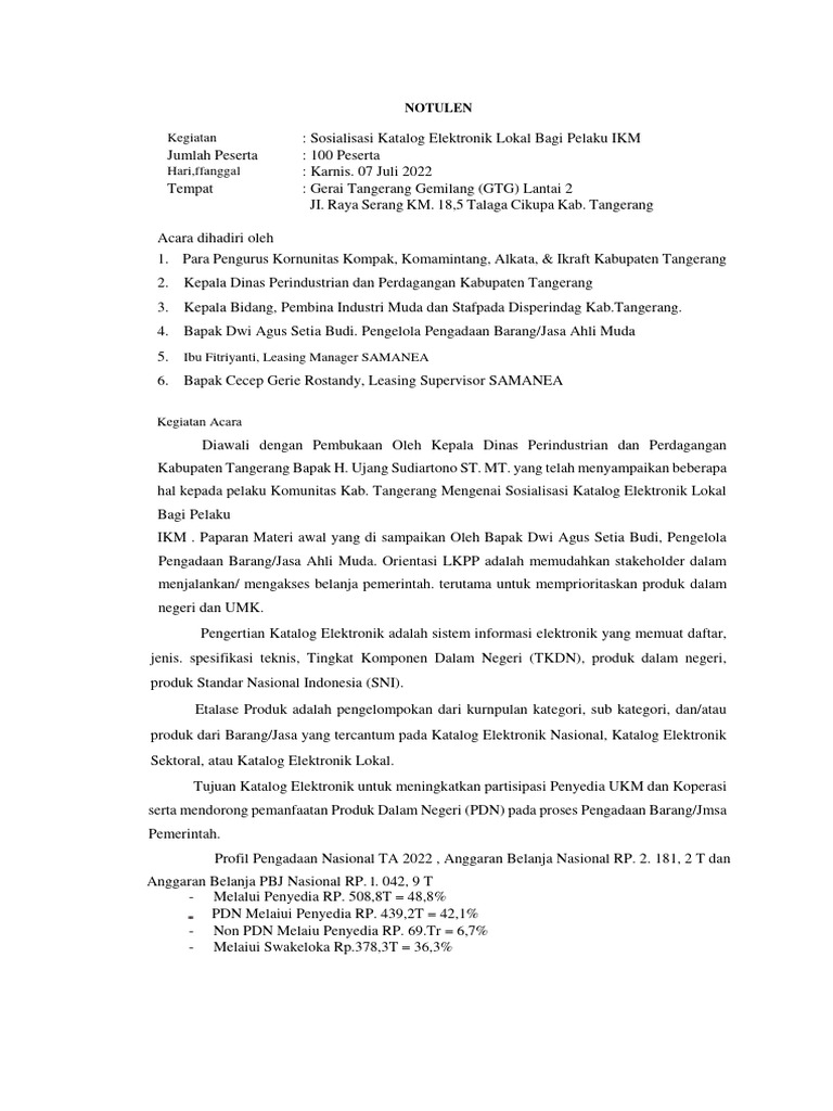 Notulen GTG Sosialisasi E Katalog | PDF | Teknologi & Rekayasa
