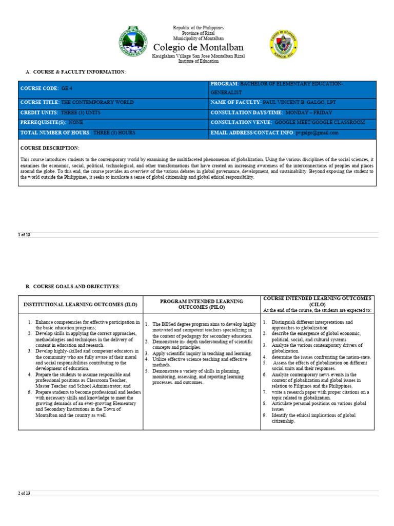 The Contemporary World Syllabus | PDF | Social Science