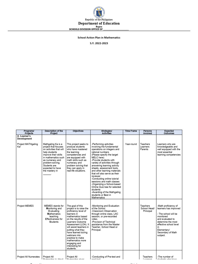 Action Plan in Mathematics | PDF