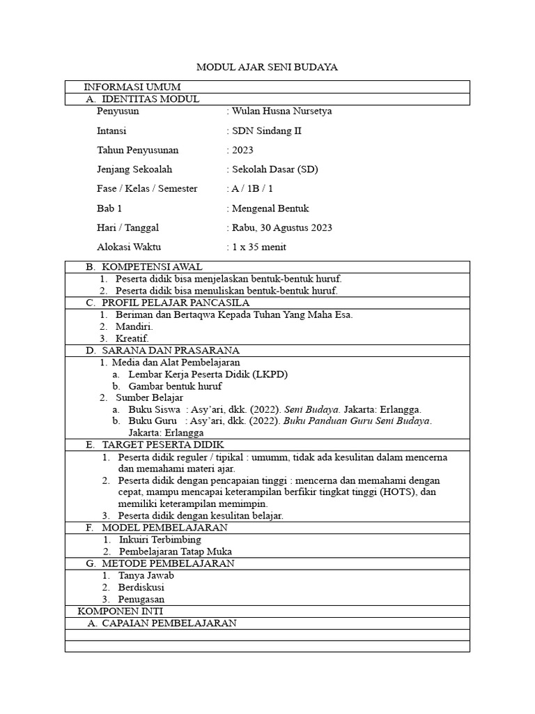 Modul Ajar Seni Budaya SD 2023 | PDF
