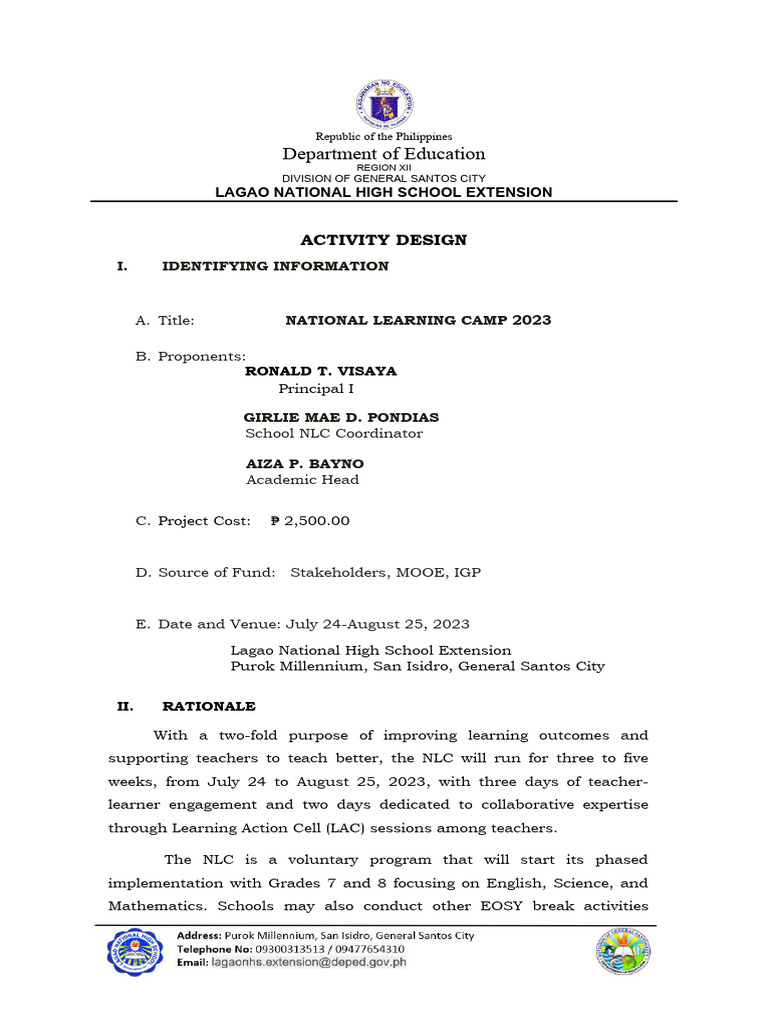 Activity Design NLC | PDF | Learning | Teachers