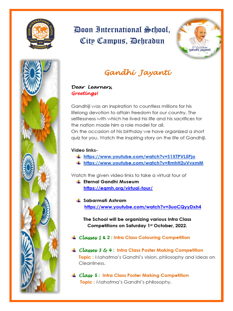Circular 20220928140153 Gandhi Jayanti 2022 Circular (Classes 1 To 5) | PDF