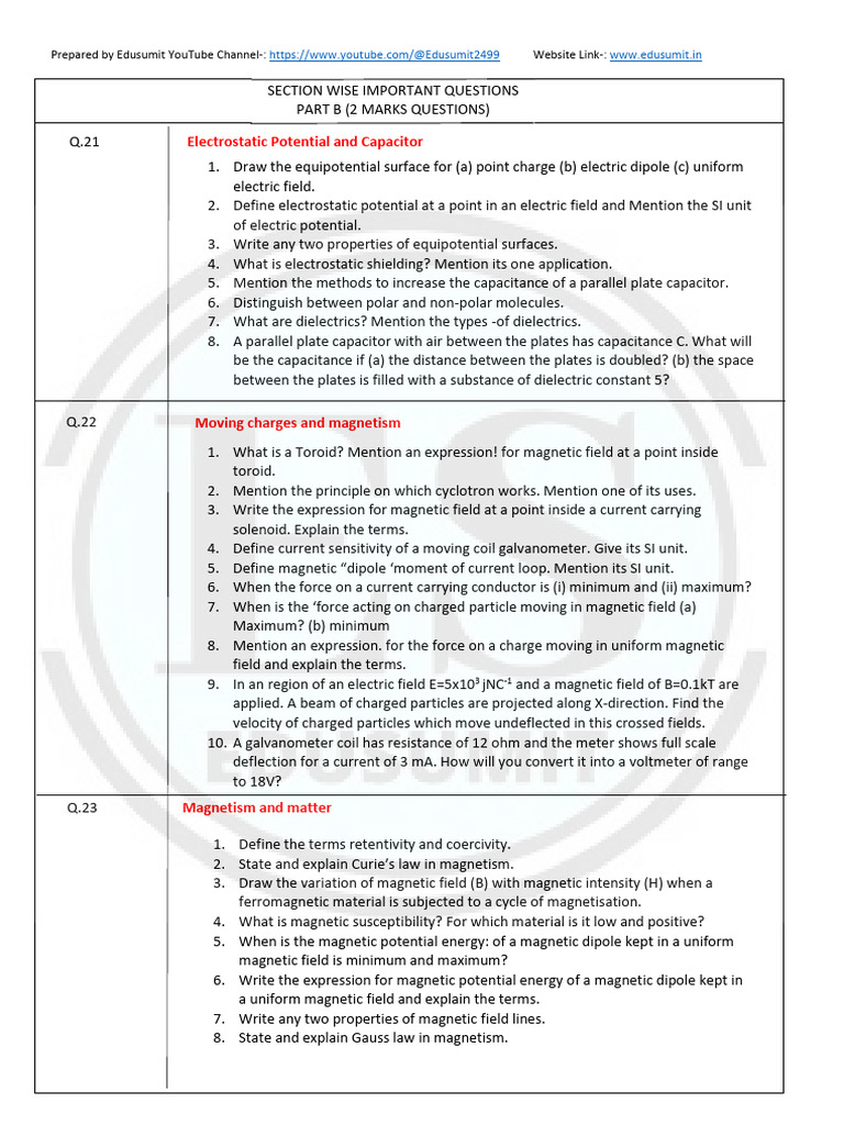 Physics Section Wise Important Questions WM | PDF | Magnetic Field | Inductance