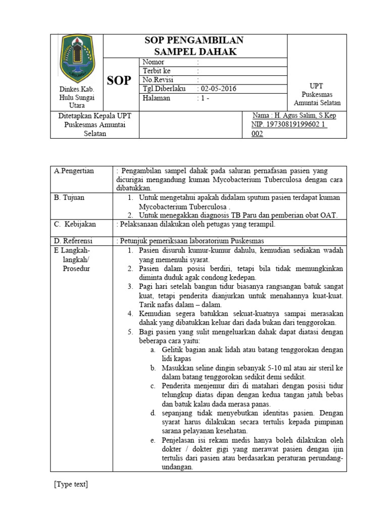 Sop Pengambilan Sampel Dahak | PDF