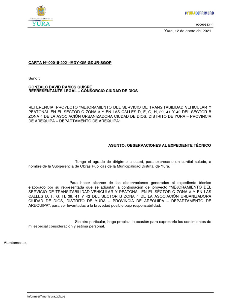 Carta-15 - 2021!01!12 Observaciones Expediente Tecnico | PDF