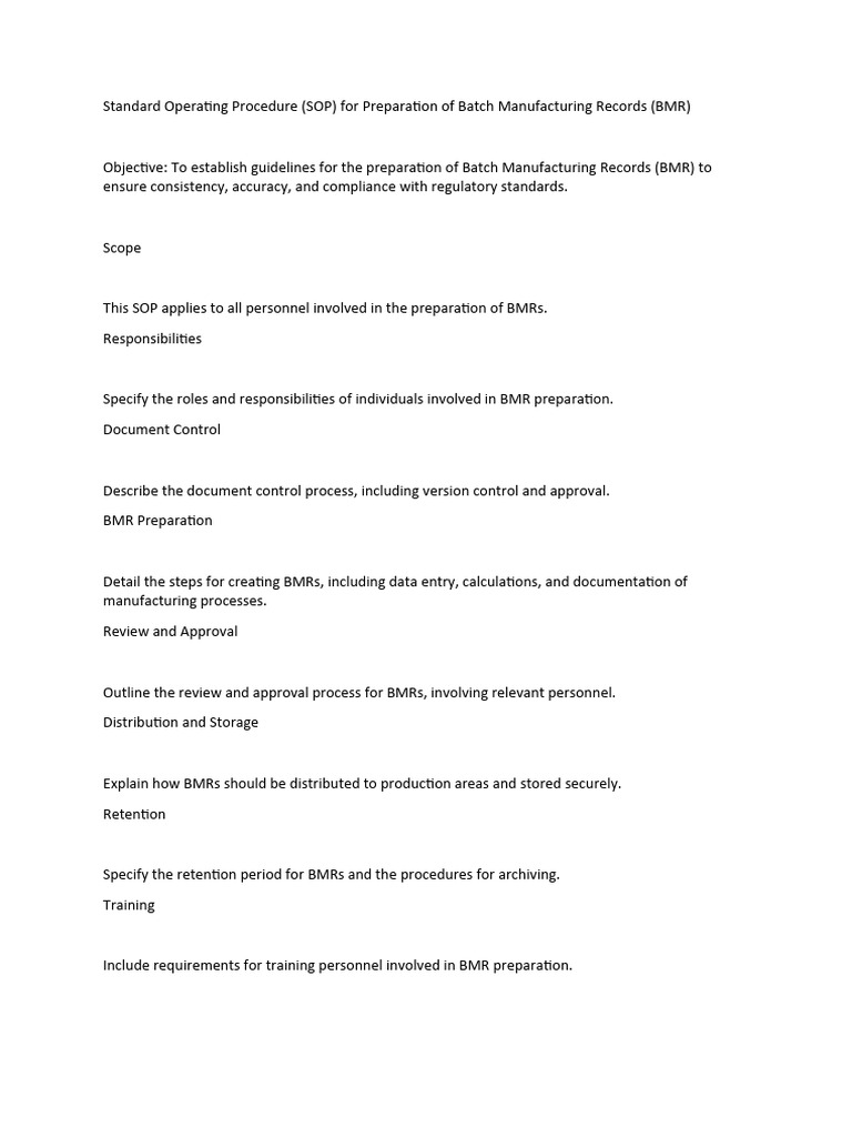 Sop For Preparation of BMR | PDF | Computers | Technology & Engineering