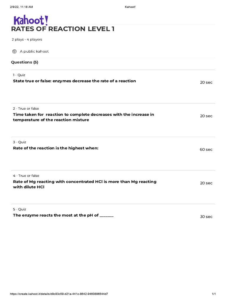 Enzyme Reaction Rates Kahoot Quiz | PDF
