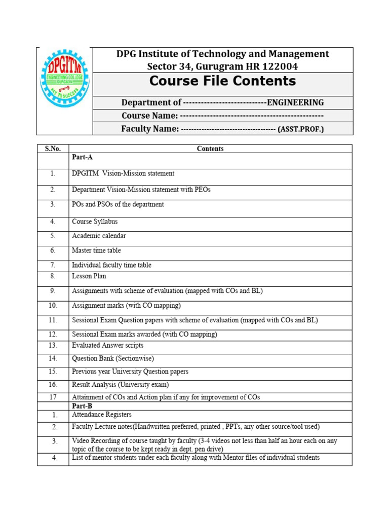 Course File Content Front Sheet | PDF