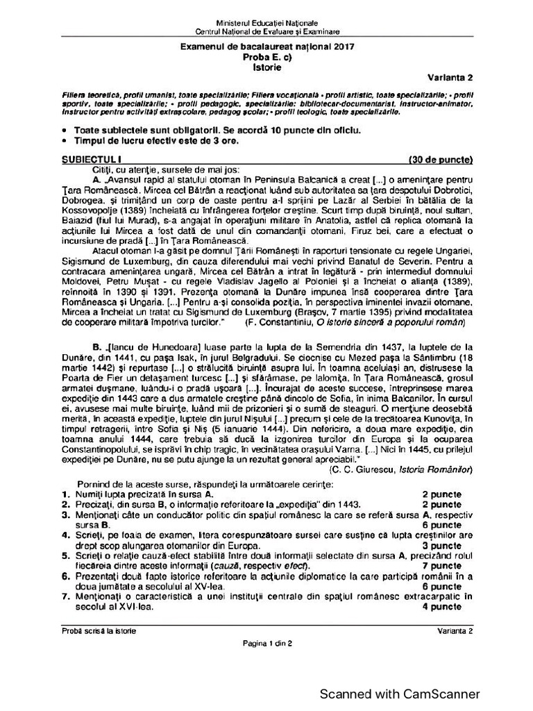 Subiecte Rezolvate Istorie | PDF