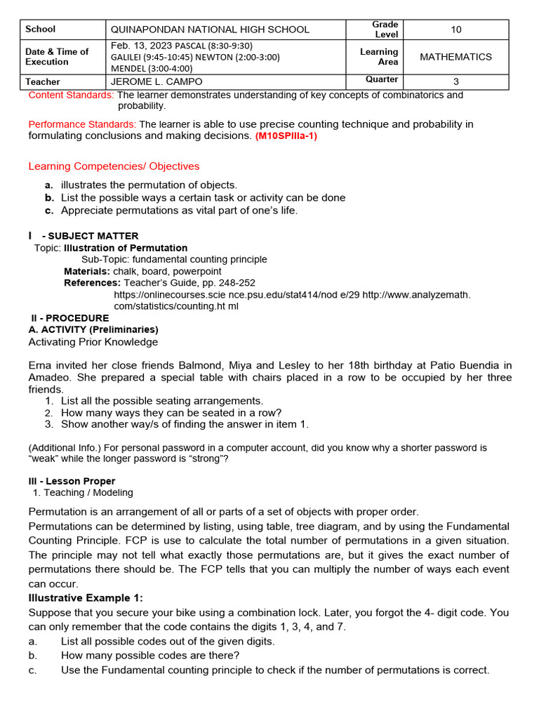 GRADE 10 - Quarter 3 FCP and Permutation | PDF | Permutation | Mathematics