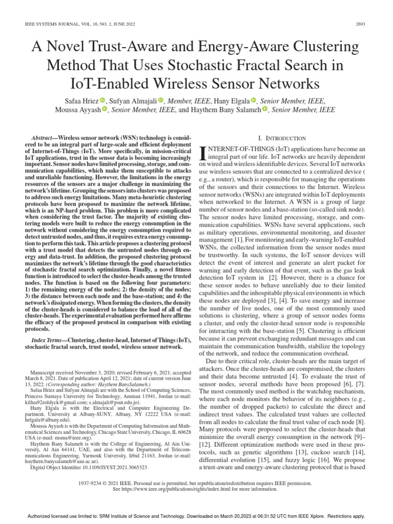 A Novel Trust-Aware and Energy-Aware Clustering Method That Uses Stochastic Fractal Search in ...