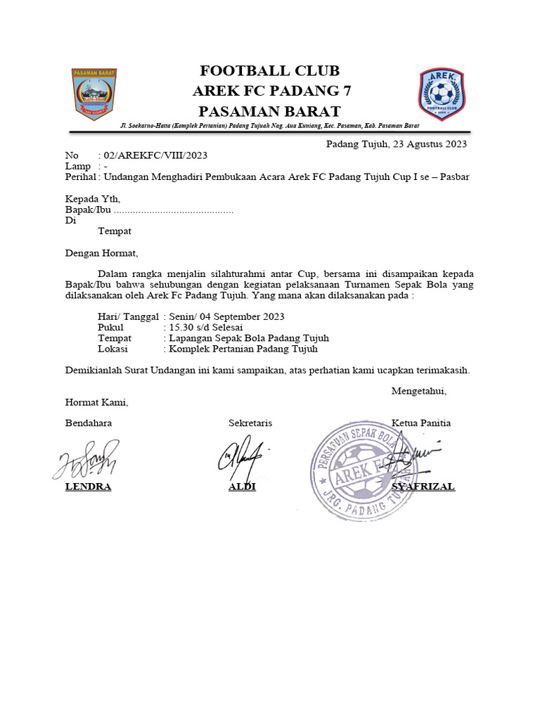 Surat Undangan Arek FC | PDF