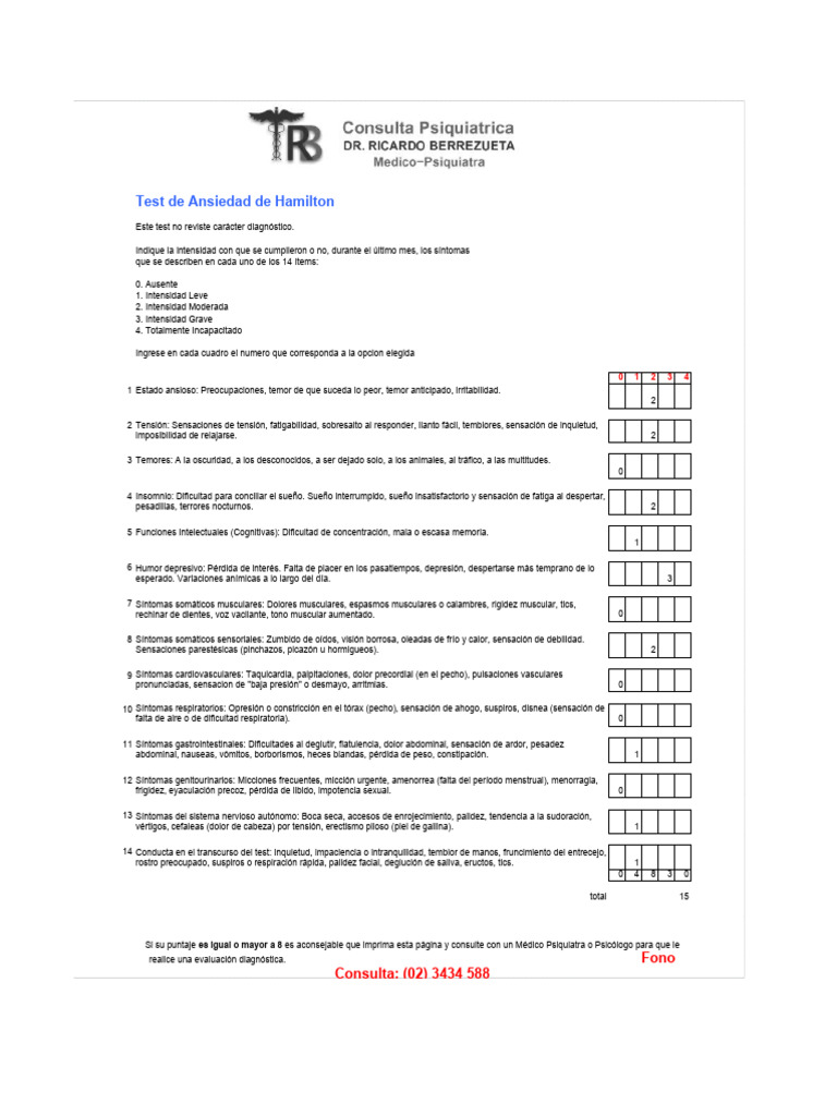 Test de Ansiedad de Hamilton | PDF | Ansiedad | Depresión (estado de ánimo)