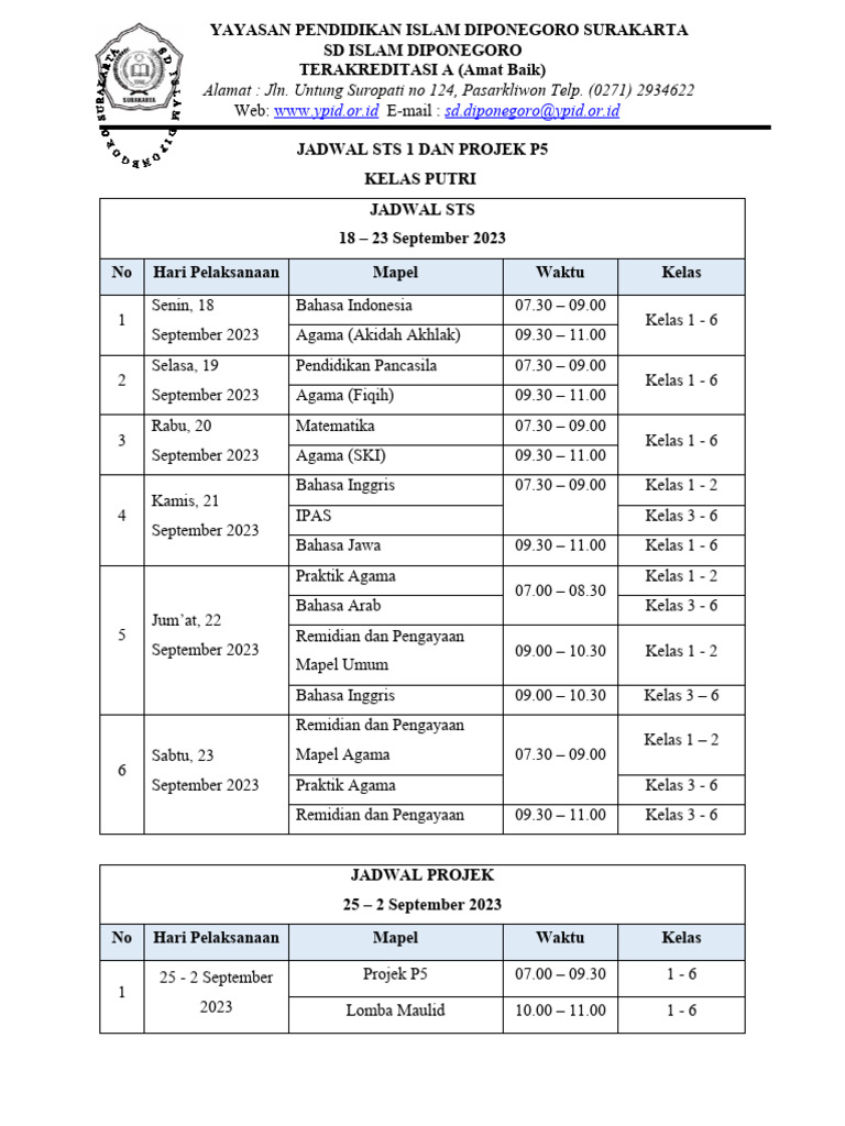 Jadwal Sts 1 Dan Projek p5 2023 | PDF