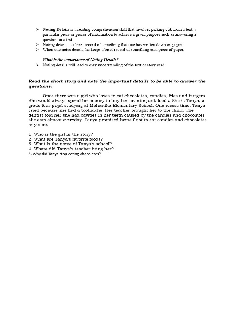 Eng 6 Q1 w3 - Noting Details Is A Reading Comprehension Skill That ...