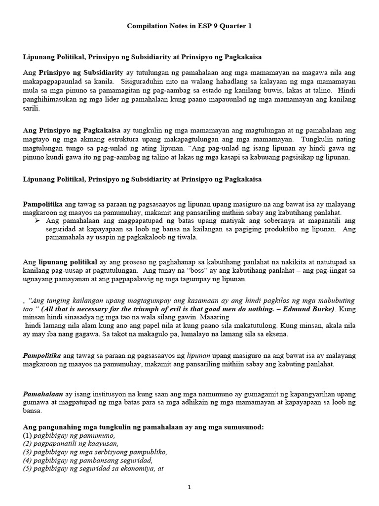 Compilation Notes in ESP 9 Quarter 1 | PDF