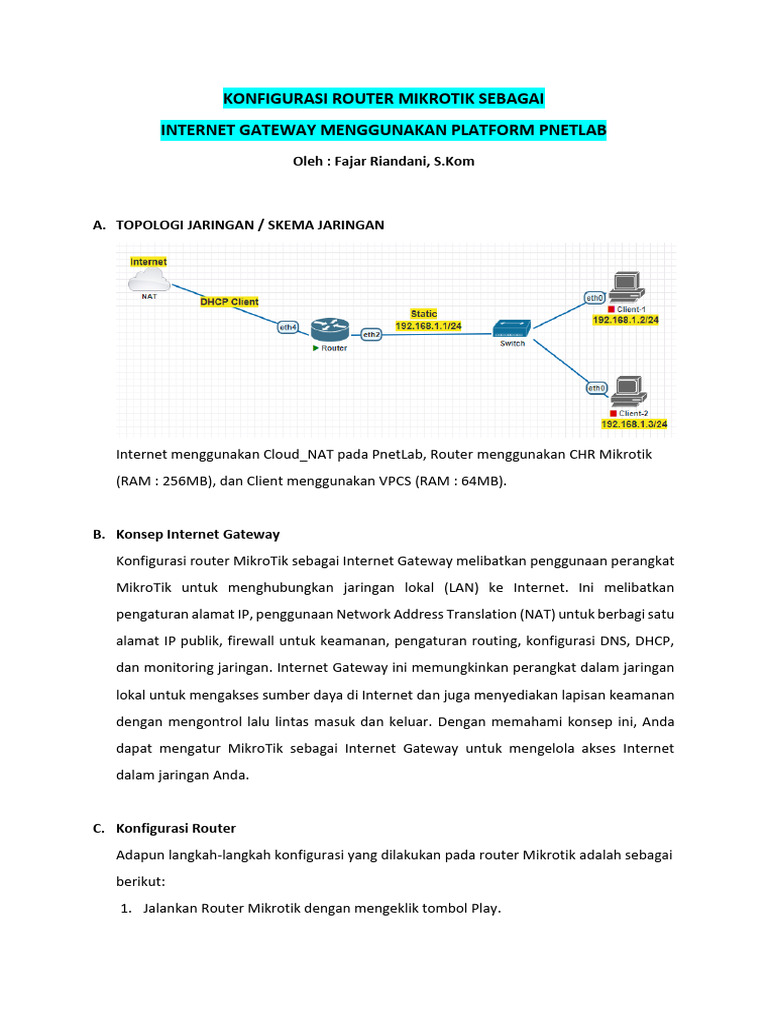 Konfigurasi Router Mikrotik Sebagai Gateway Pnetlab | PDF