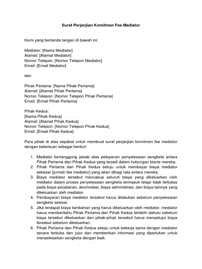 Surat Perjanjian Komitmen Fee Mediator | PDF