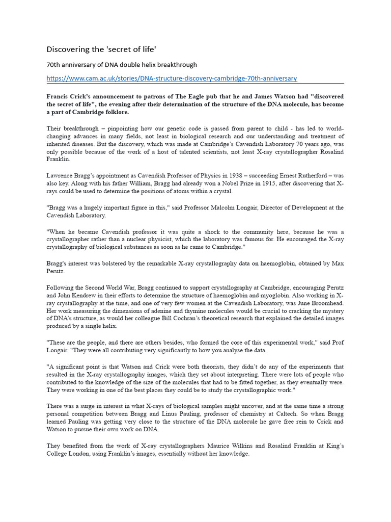 Discovering The 'Secret of Life' | PDF | Francis Crick | James Watson