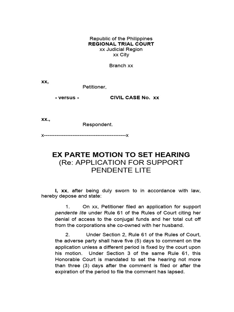 Ex Parte Motion to Set Hearing for Support | PDF | Ex Parte | Political Law