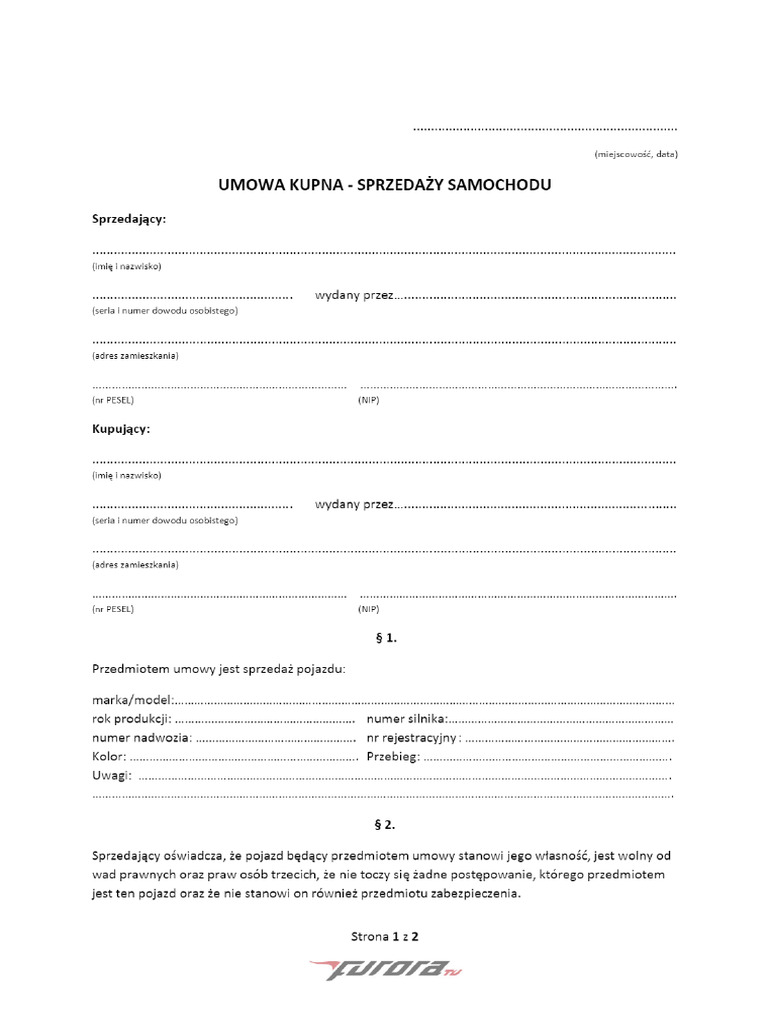 Umowa Kupna - Sprzedaży Samochodu | PDF