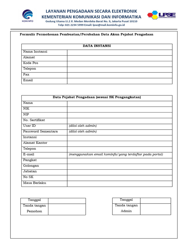 Form_Permohonan atau Perubahan Data Pejabat Pengadaan | PDF