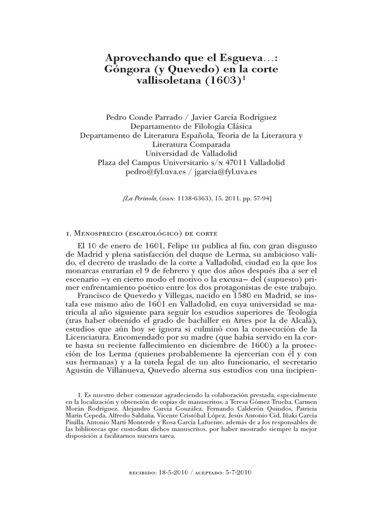 Aprovechando Que El Esgueva Gongora y Quevedo en La Corte Vallisoletana ...