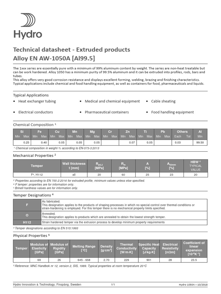 Hydro en Aw 1050a | PDF | Extrusion | Alloy