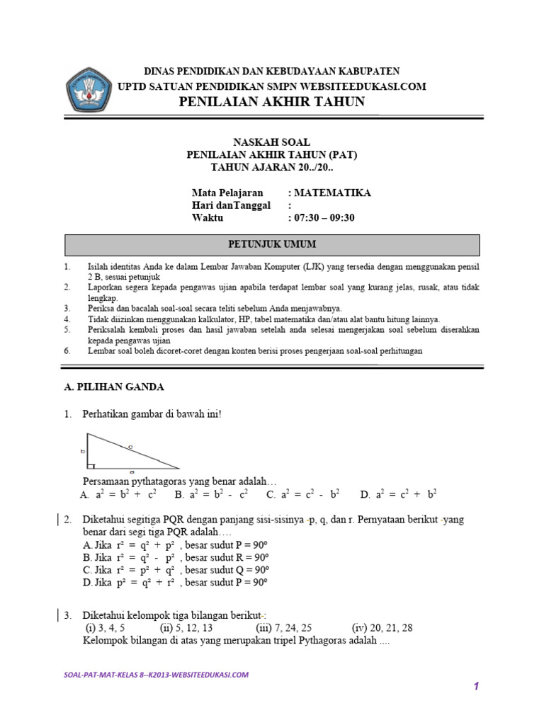Soal PAT Kelas VIII - MTK | PDF | Metode & Bahan Ajar