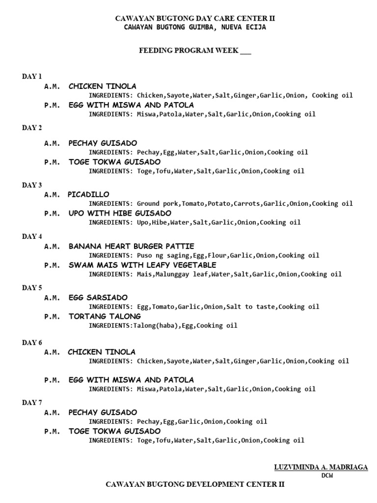 Cawayan Bugtong Day Care Center II 1 | PDF | Tofu | Vegetables