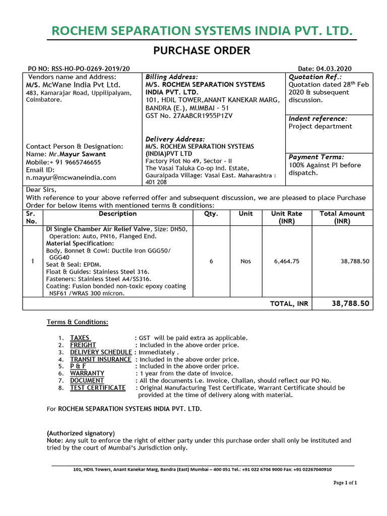 Purchase Order For Air Relief Valve | PDF