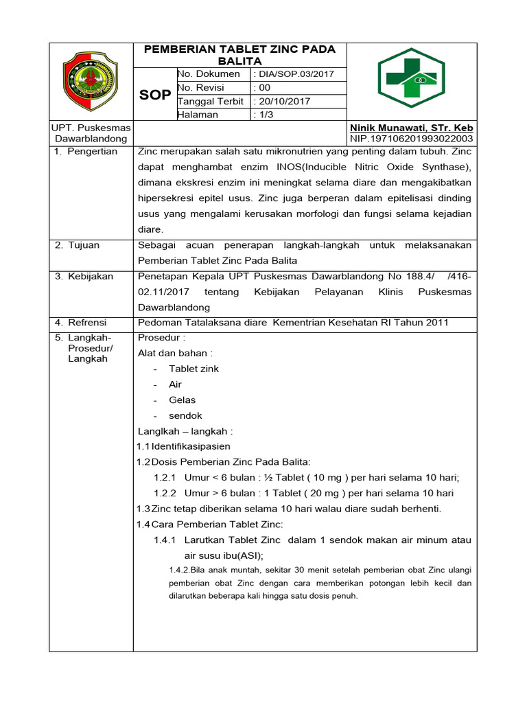 SOP Pemberian Tablet ZINK | PDF