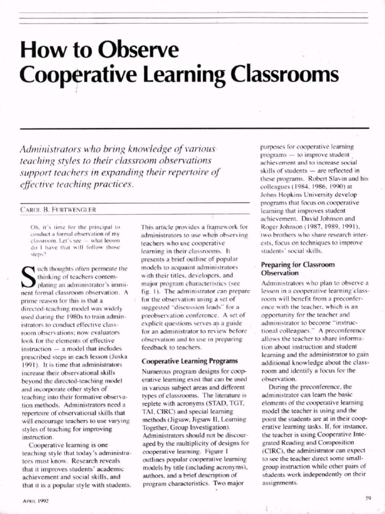 How To Observe Cooperative Learning Classrooms | PDF