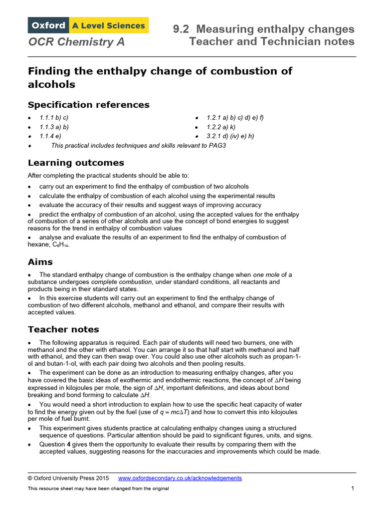 Enthalpy of Combustion Answers | PDF | Ethanol | Enthalpy