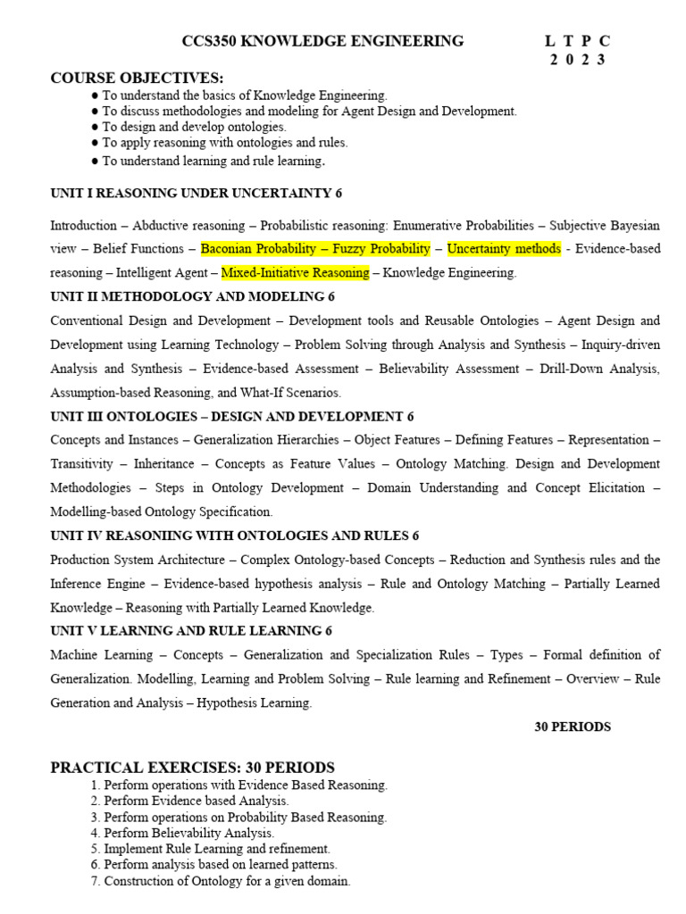 CCS350 KNOWLEDGE ENGINEERING - Syllabus | PDF | Bayesian Inference | Reason