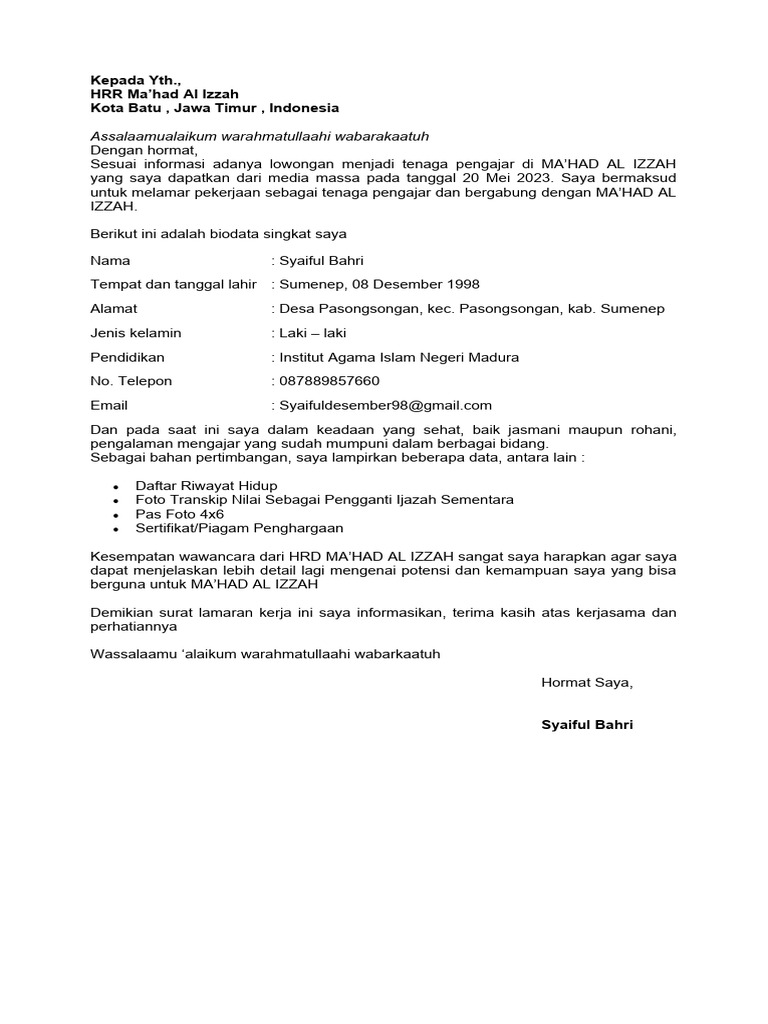 Surat Lamaran Syaiful Bahri | PDF