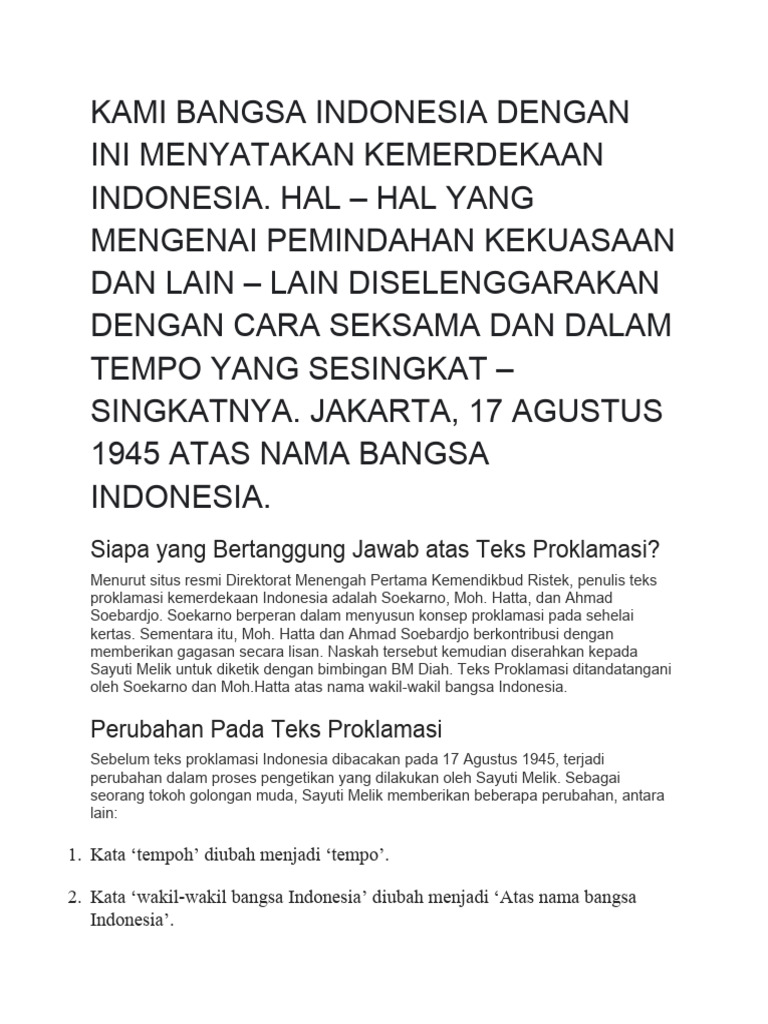 Teks Proklamasi Kemerdekaan Indonesia | PDF | Politik | Sejarah