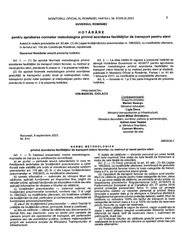 HG 810 - Acordare Facilitati Transport Elevi | PDF