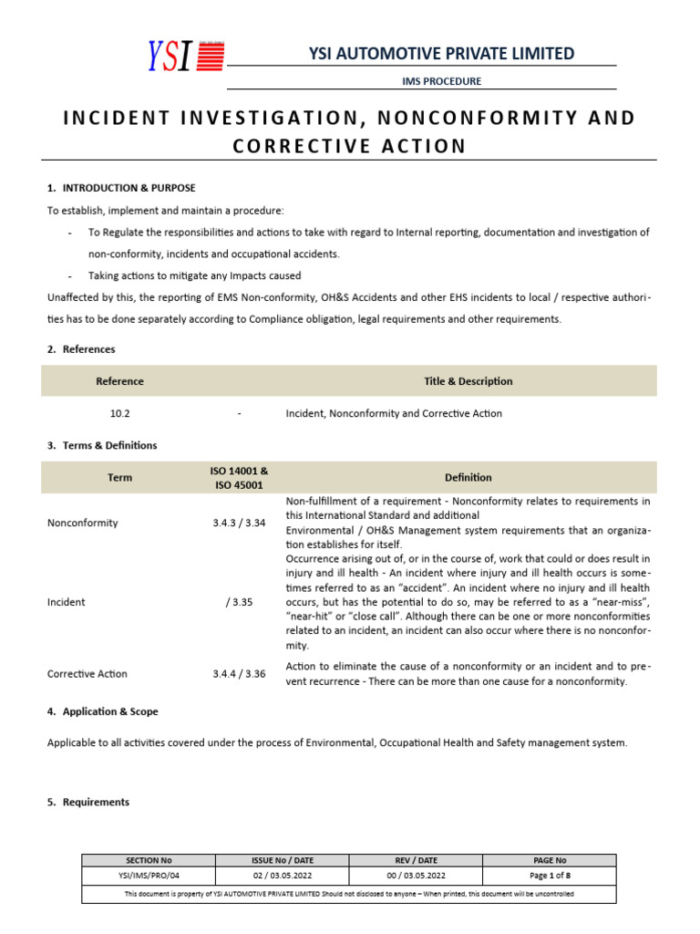 PRO 04 Incident Investigation, Nonconformity and Corrective Action | PDF | Risk | Hazards