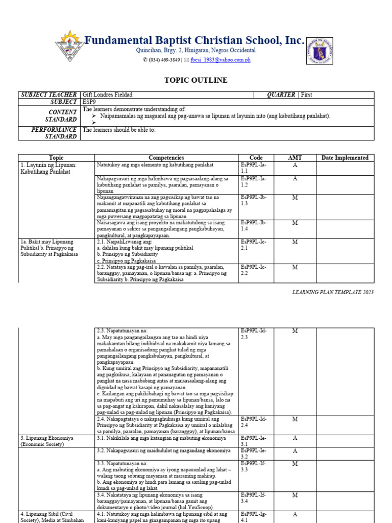 Topic Outline ESP9 | PDF