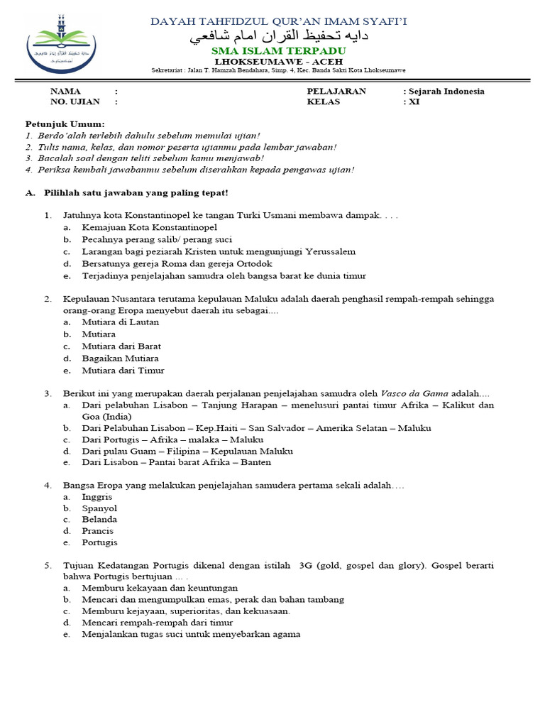 Soal Uts Sma Kelas Xi Sejarah Indonesia | PDF | Sejarah