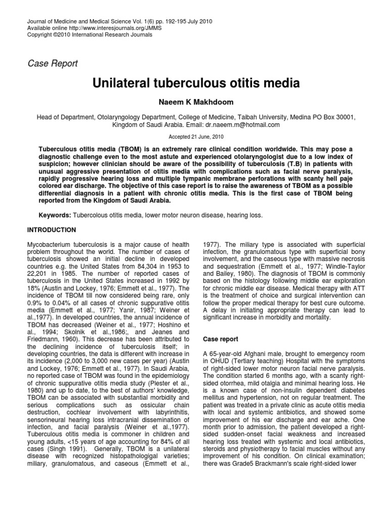 Unilateral Tuberculous Otitis Media: Case Report | PDF | Tuberculosis ...