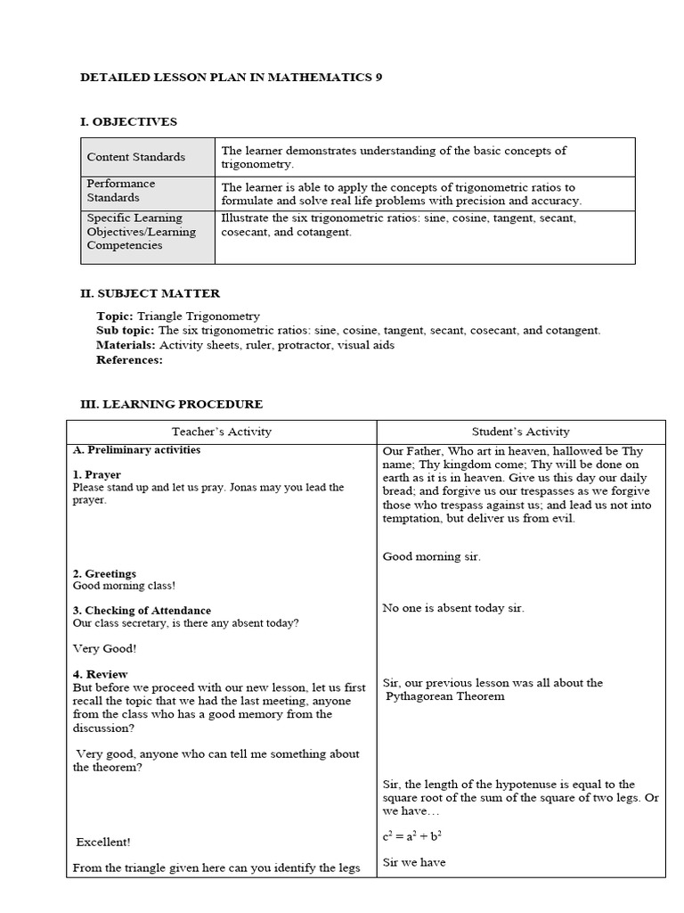Detailed Lesson Plan Math 9 | PDF | Trigonometric Functions | Trigonometry