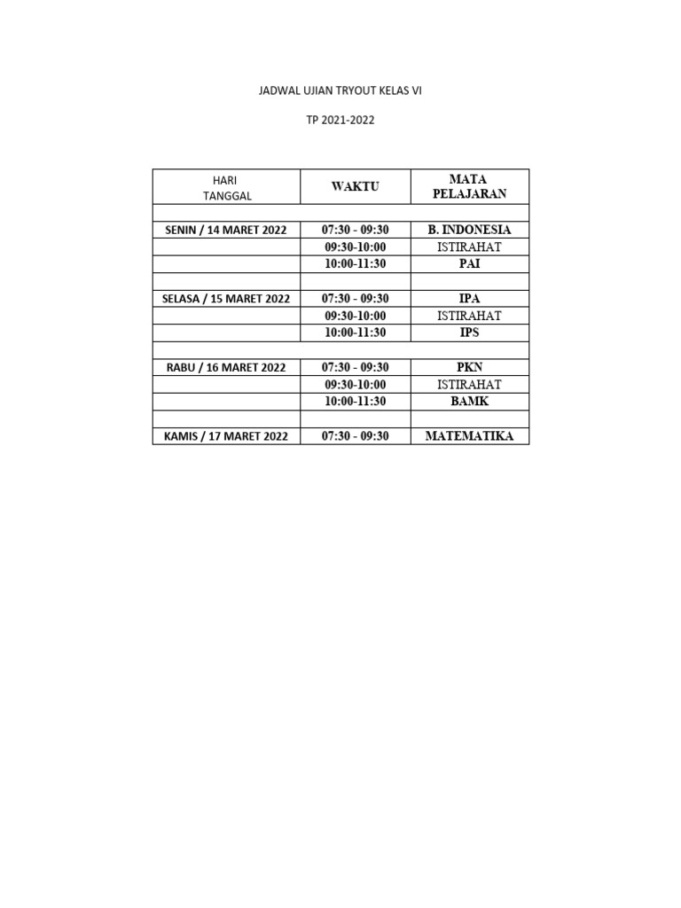 Jadwal Ujian Tryout Kelas Vi | PDF