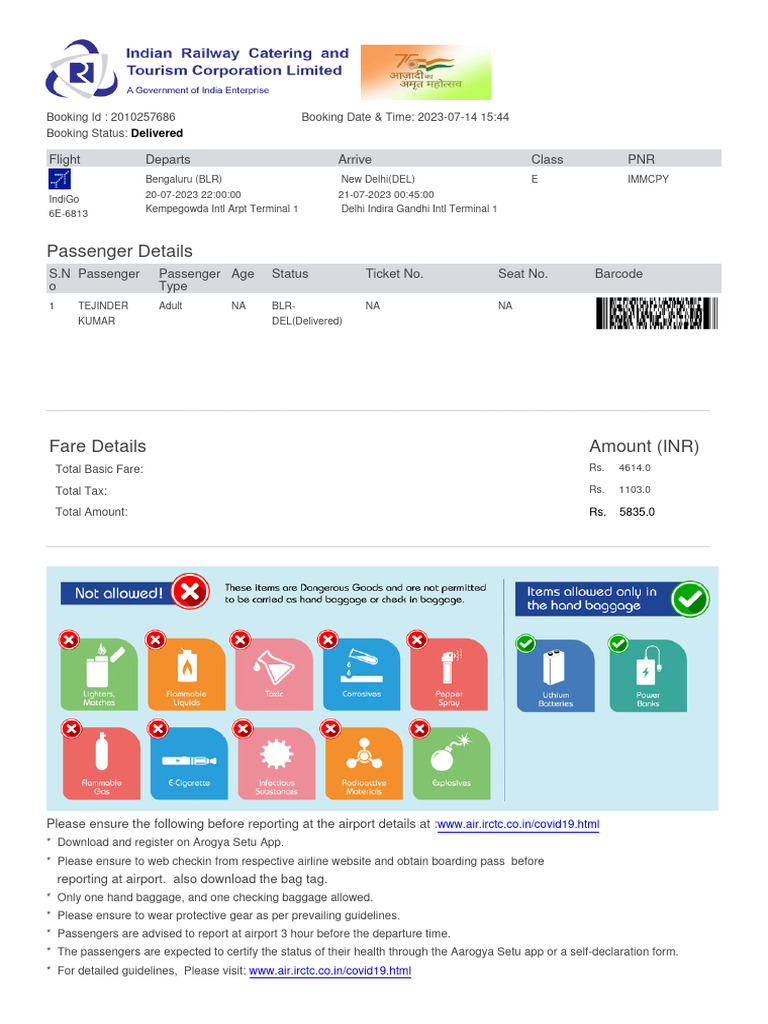 IRCTC Flight Booking Confirmation 6E-6813 | PDF | Transport | Aviation