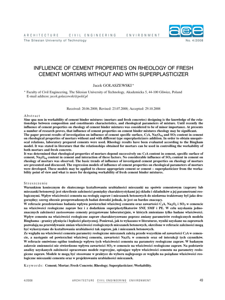 Influence of Cement Properties On Rheology of Fresh Cement Mortars Without and With ...
