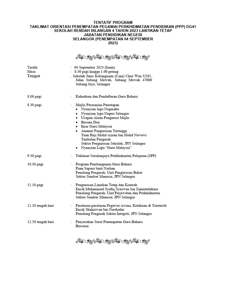 06 Tentatif Program Majlis Taklimat Dan Orientasi PPP DG41 4 Sep 2023 | PDF