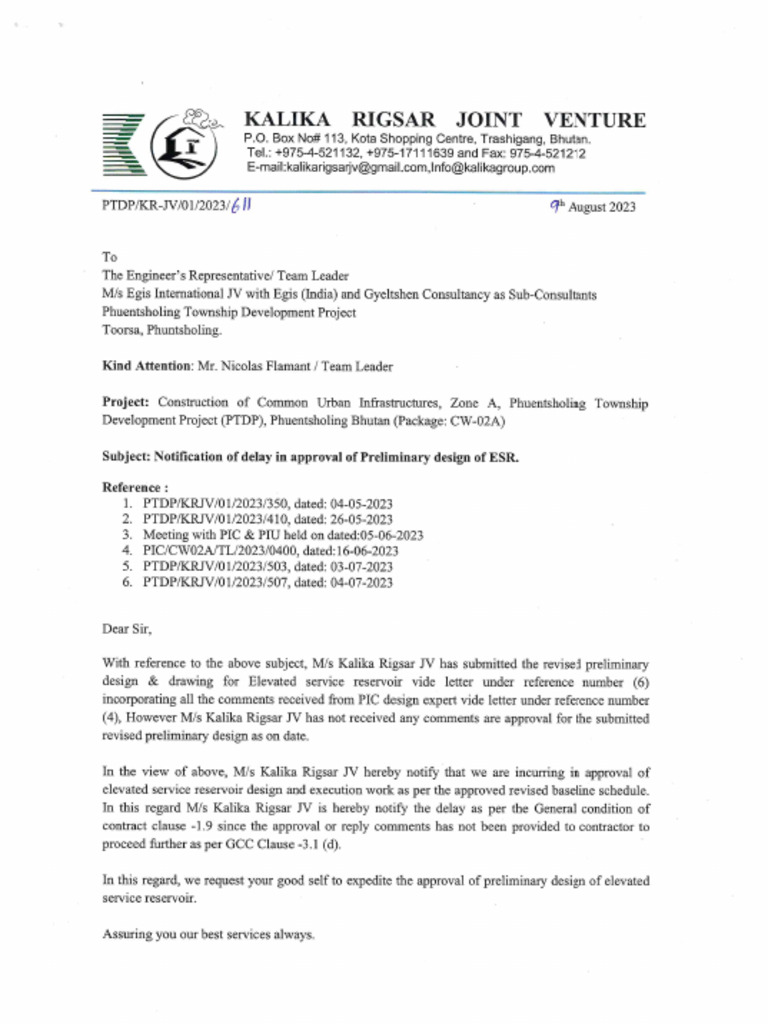 611-Notification of Delay in Approval of Preliminary Design of ESR | PDF