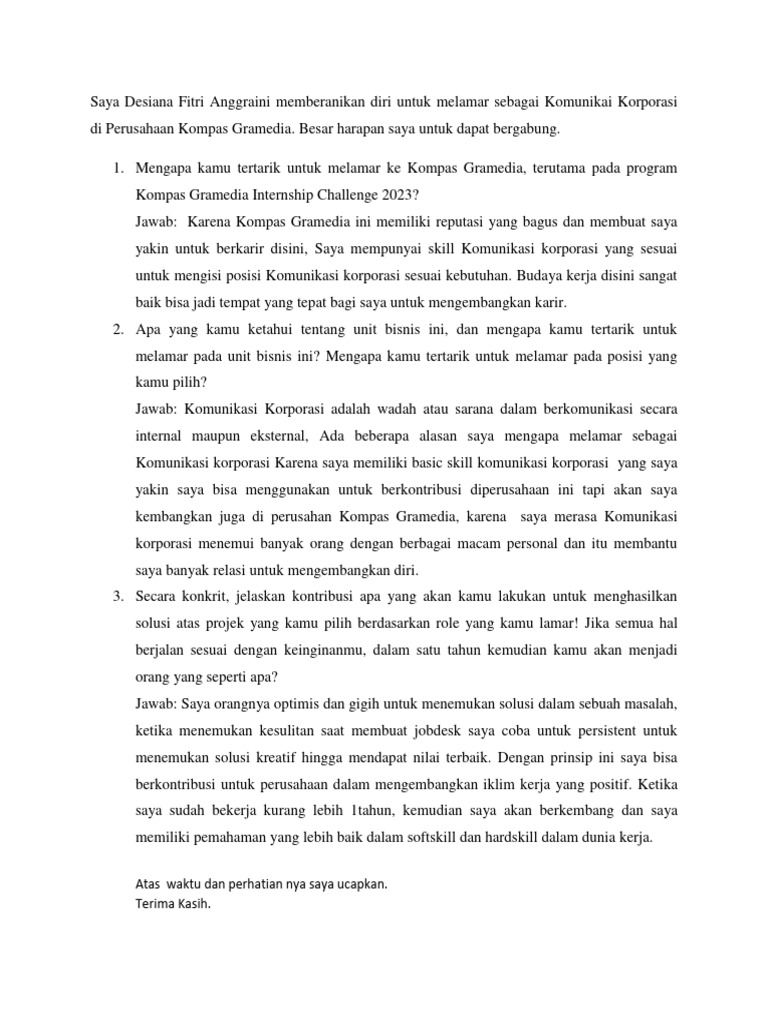 Internship - PT Kompas Media Nusantara - Desiana Fitri Anggraini | PDF