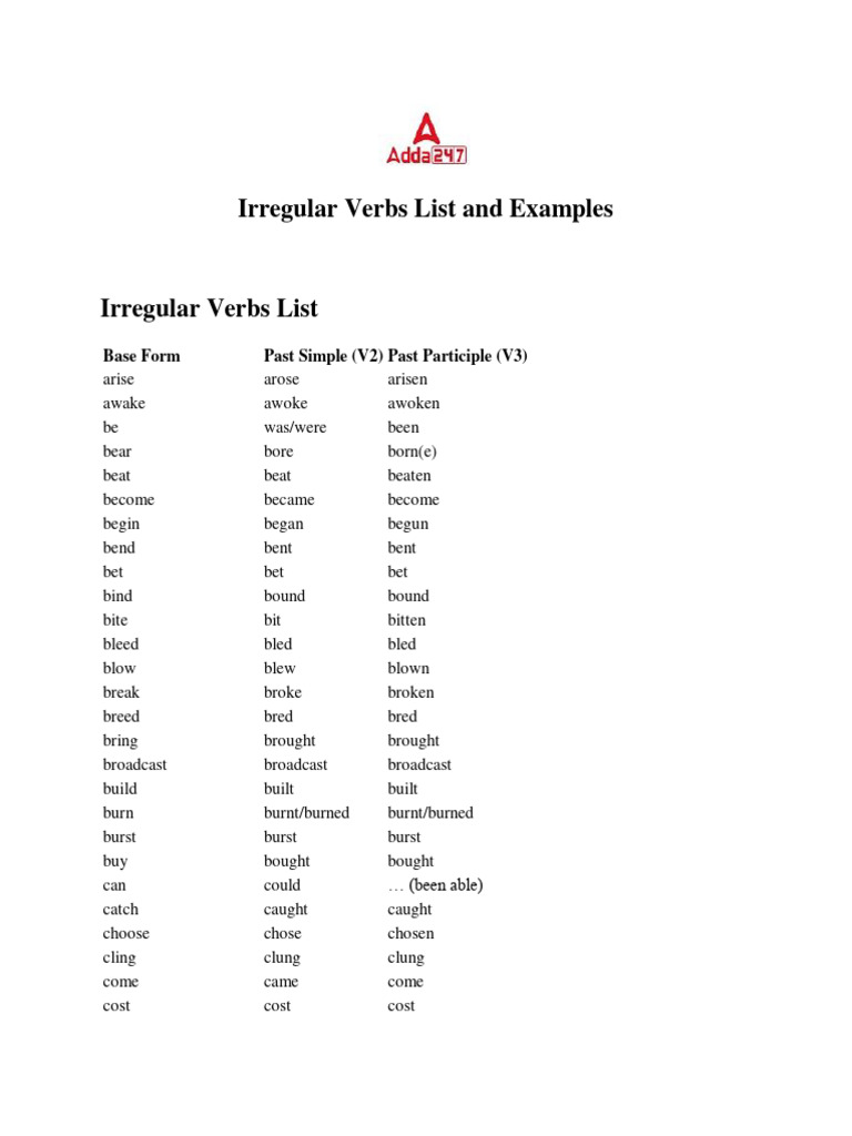 Irregular Verbs List and Examples | PDF | Linguistics | Grammar